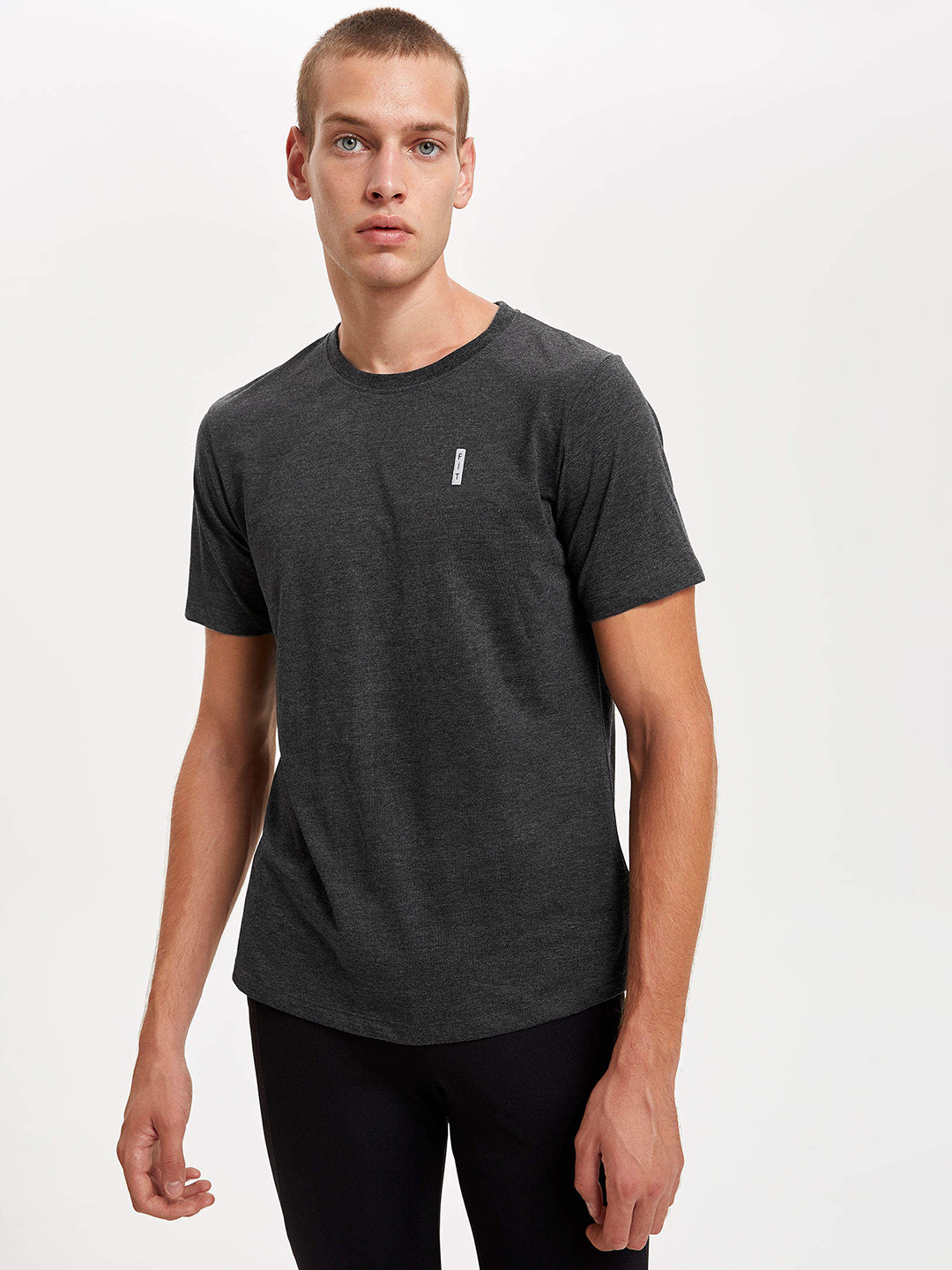 Buy DeFacto Men Charcoal Grey Slim Fit Solid Flecked Effect T Shirt ...