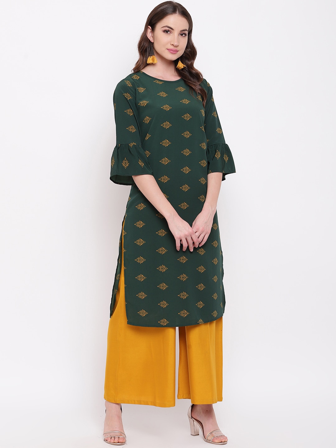Buy Napra Women Green And Yellow Ethnic Motifs Printed Flared Sleeves