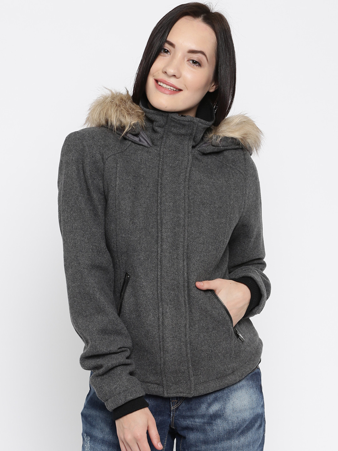 Buy Vera Moda Grey Jacket With Detachable Hood - Jackets for Women ...