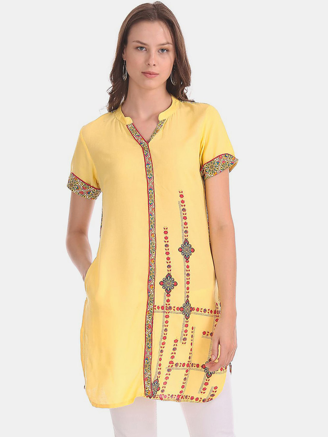 Buy Karigari Women Yellow Ethnic Print Kurta - Kurtas for Women ...