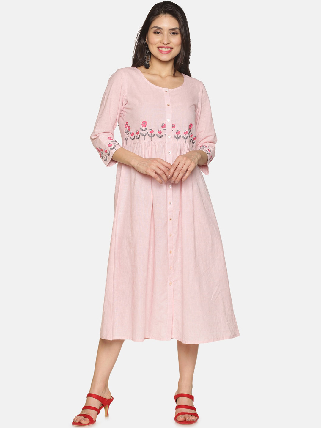 Buy Saffron Threads Pink Floral Embroidered Ethnic Cotton A Line Midi ...