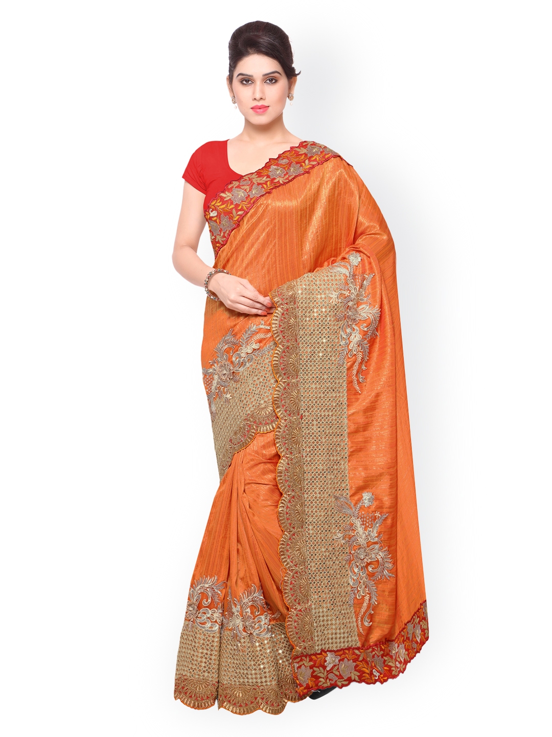 Buy Inddus Orange Nylon & Silk Embellished Saree - Sarees for Women ... Buy Inddus Orange Nylon & Silk Embellished Saree - Sarees for Women ...