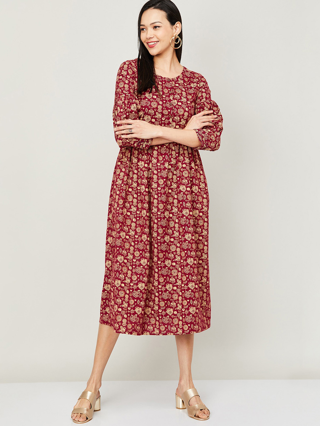 Buy Colour Me By Melange Red Tribal Ethnic A Line Cotton Midi Dress ...