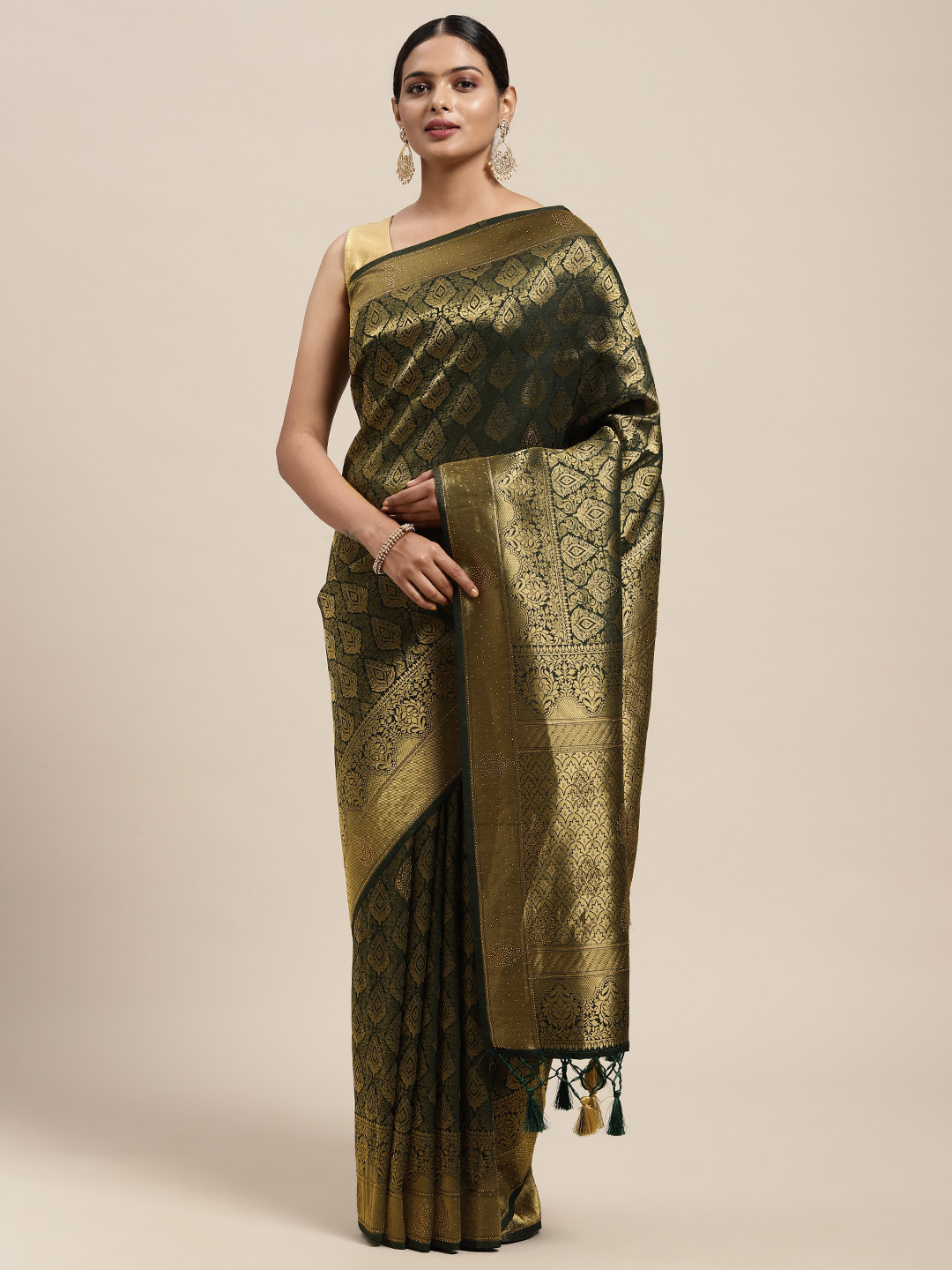 Buy MOHEY Dark Green & Golden Ethnic Motifs Saree - Sarees for Women ...