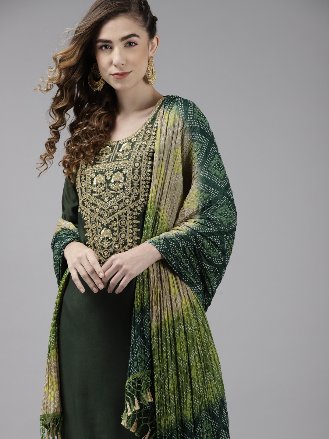 Buy Indo Era Women Green & Golden Ethnic Yoke Design Liva Kurta With ...
