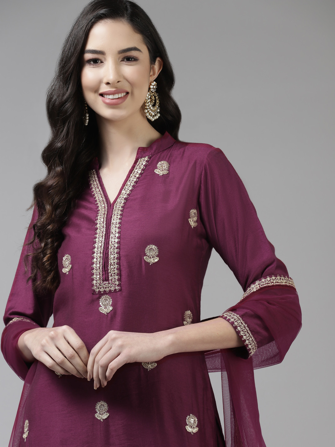 Buy Indo Era Women Purple & Golden Embroidered Liva Kurta With Trousers ...