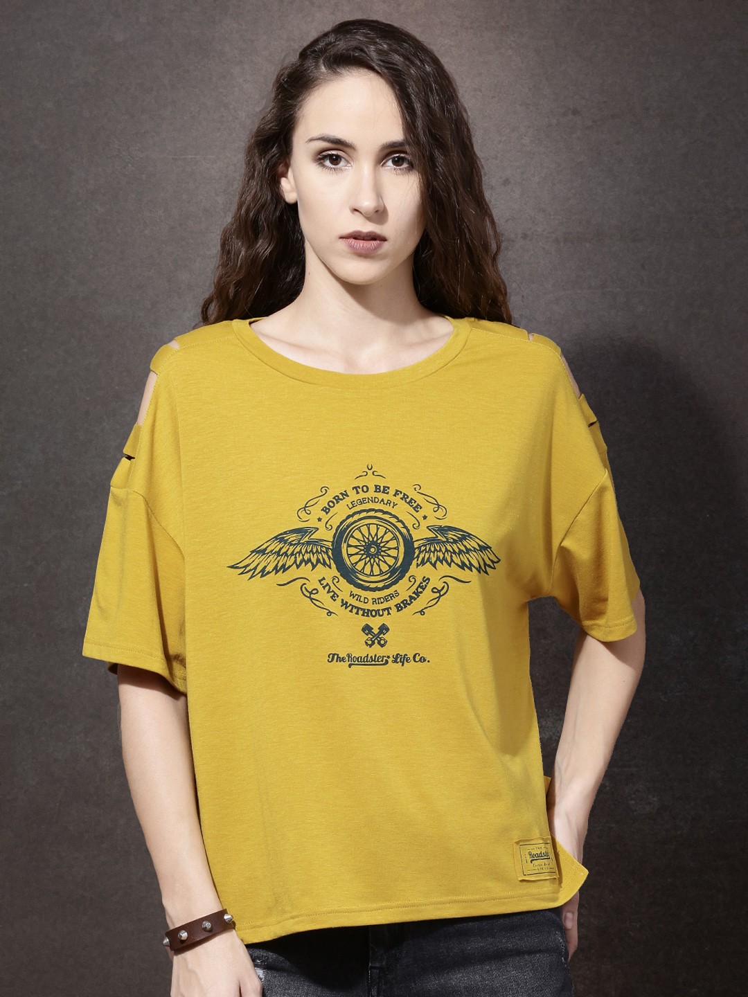 Buy Roadster Women Mustard Yellow Printed Round Neck Boxy T Shirt