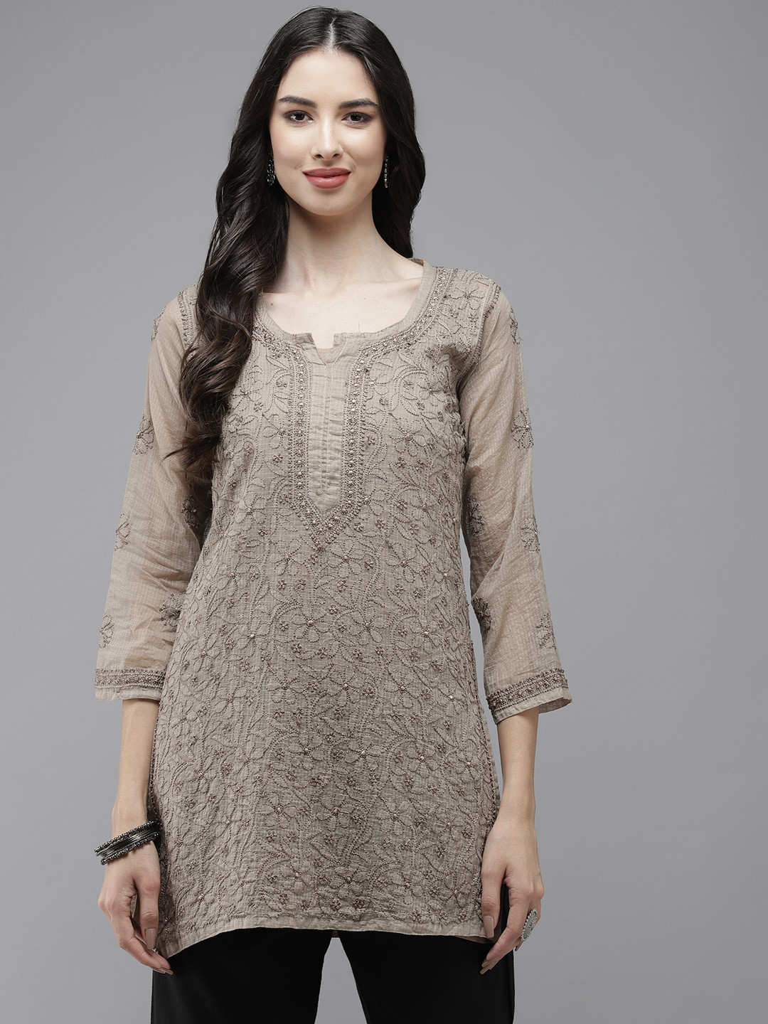 Buy ADA Grey Hand Embroidered Chikankari Kota Kurti With Matching Slip ...