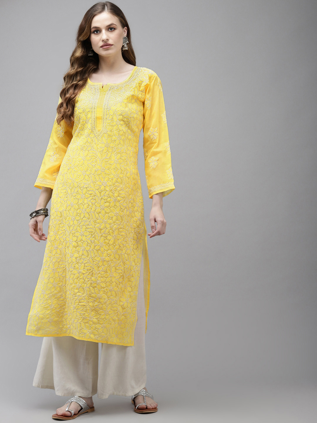 Buy ADA Women Yellow Ethnic Motifs Chikankari Handloom Handloom Kurta ...