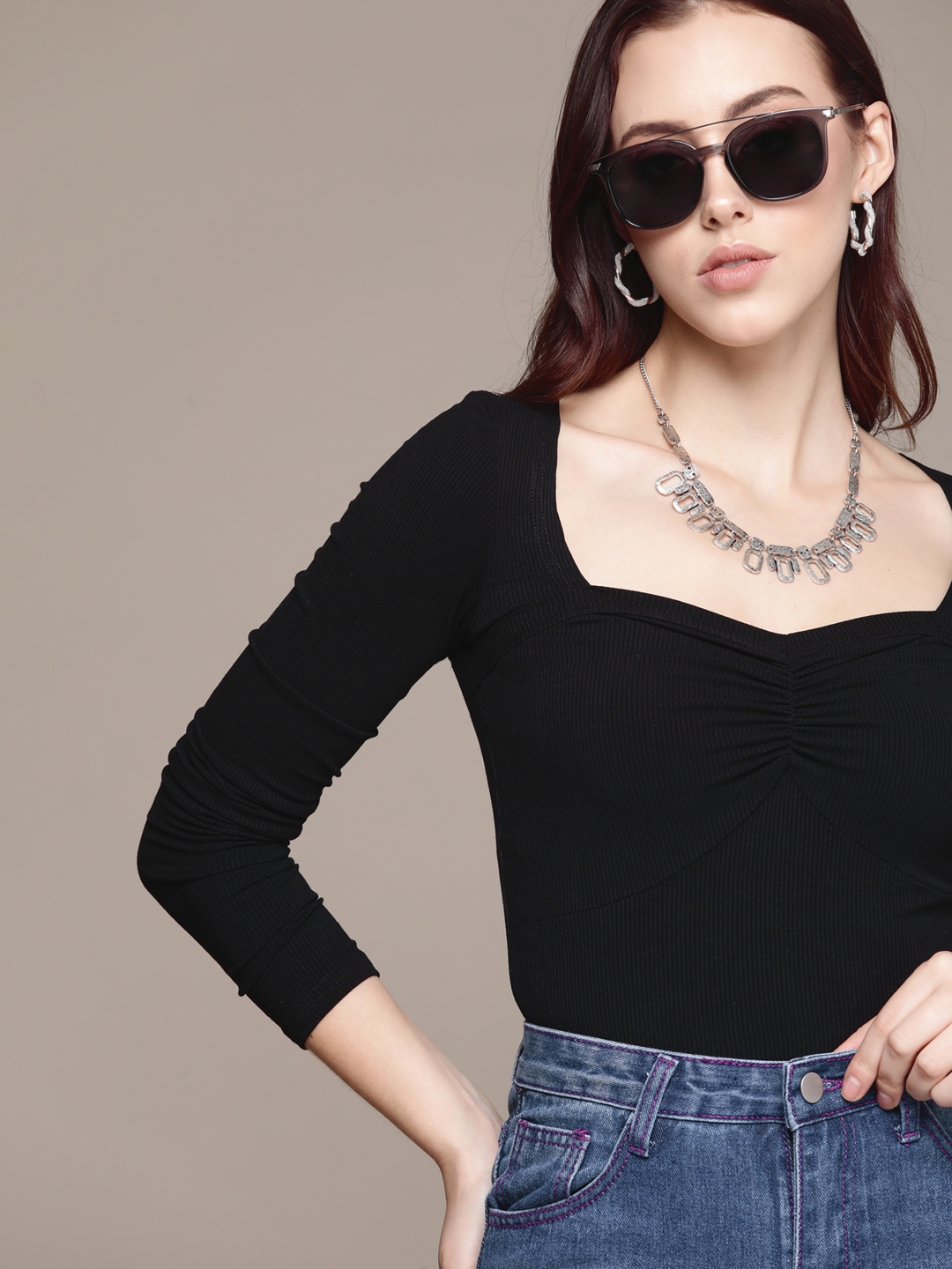 Buy Urbanic Black Sweetheart Neck Regular Ruched Top Tops For Women