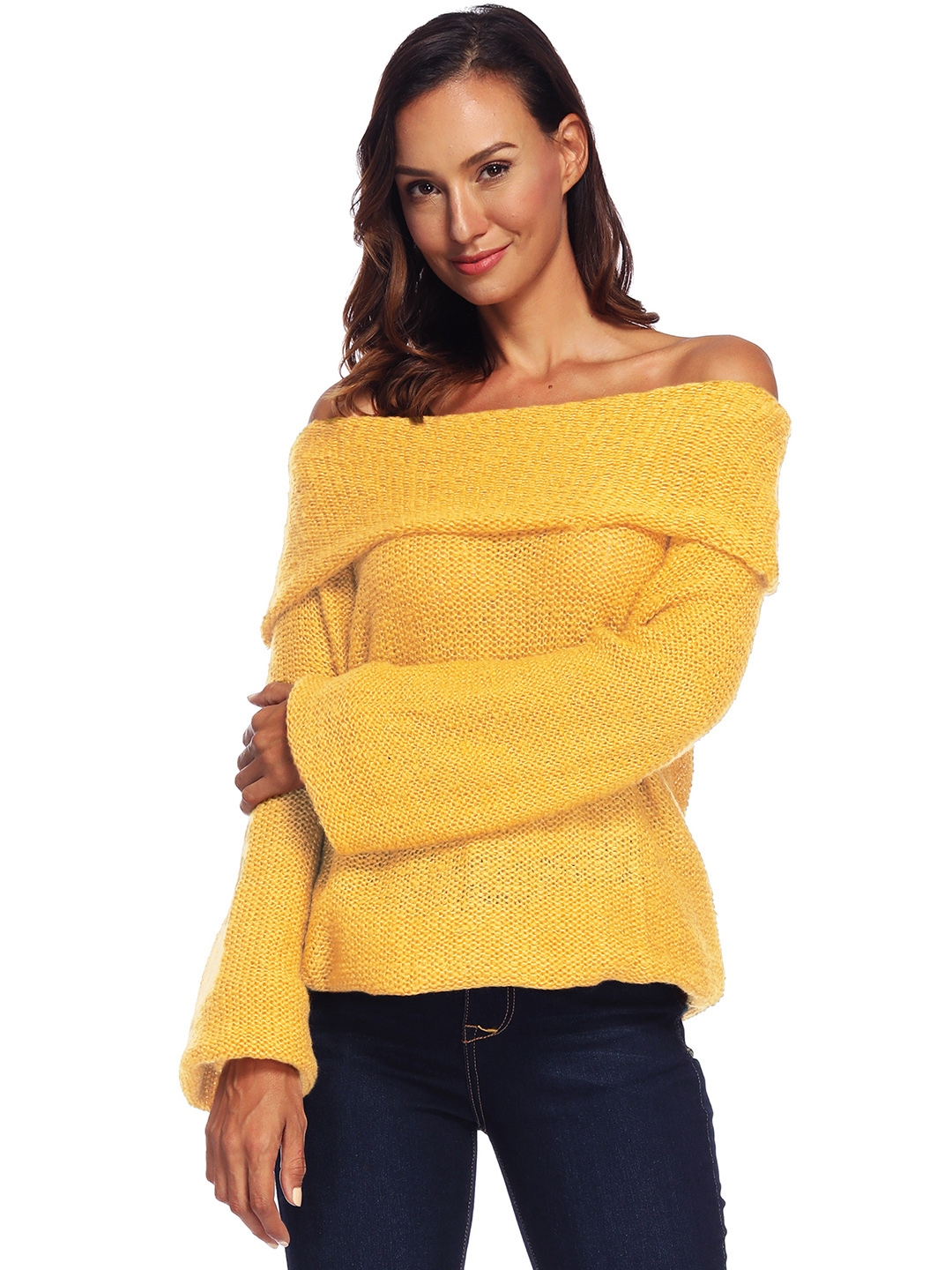 Buy Urbanic Women Mustard Yellow Off Shoulder Pullover Sweaters For