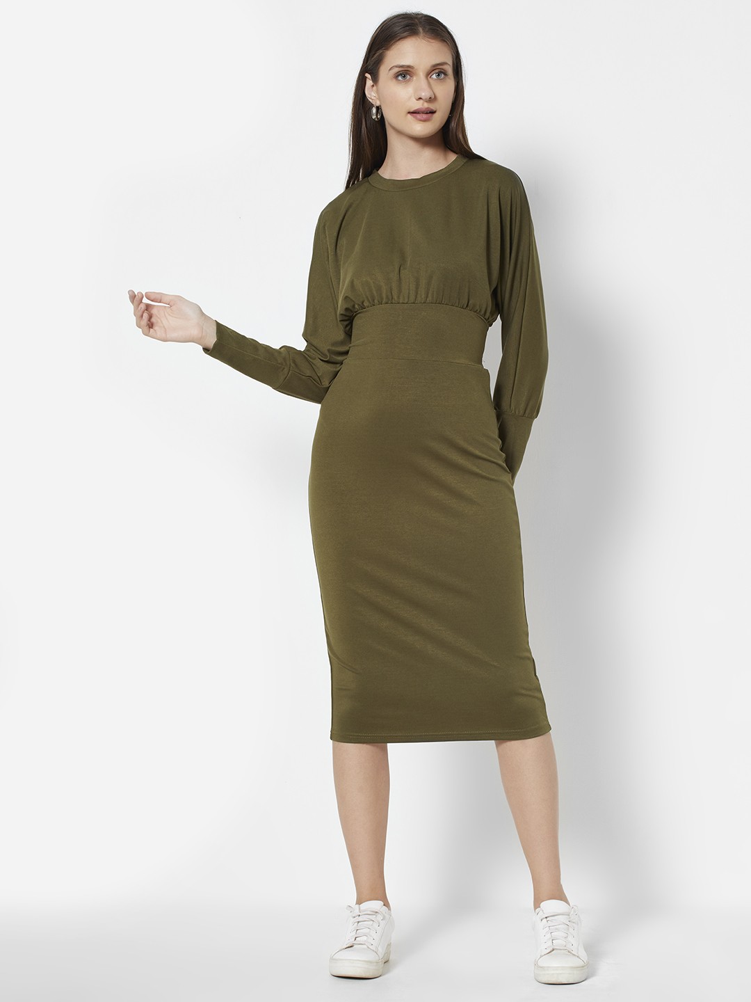 Buy Urbanic Olive Green Solid Empire Midi Dress Dresses For Women