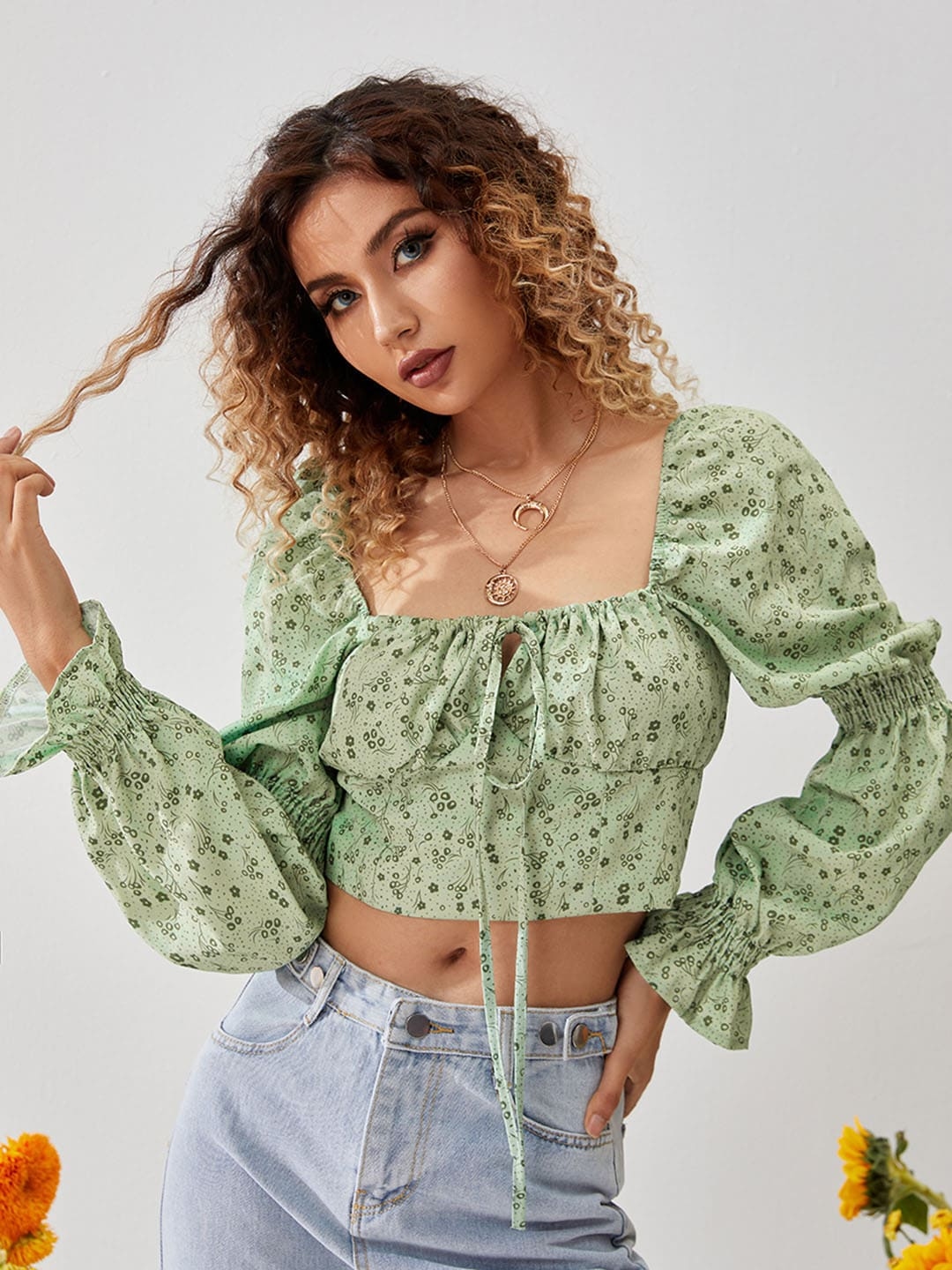 Buy Urbanic Green Ditsy Floral Print Regular Crop Top With Tie Ups