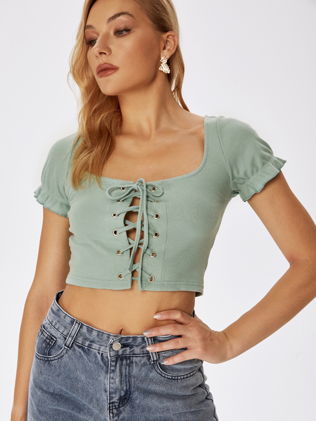 Buy Urbanic Sea Green Cotton Solid Crop Top Tops For Women 15848914