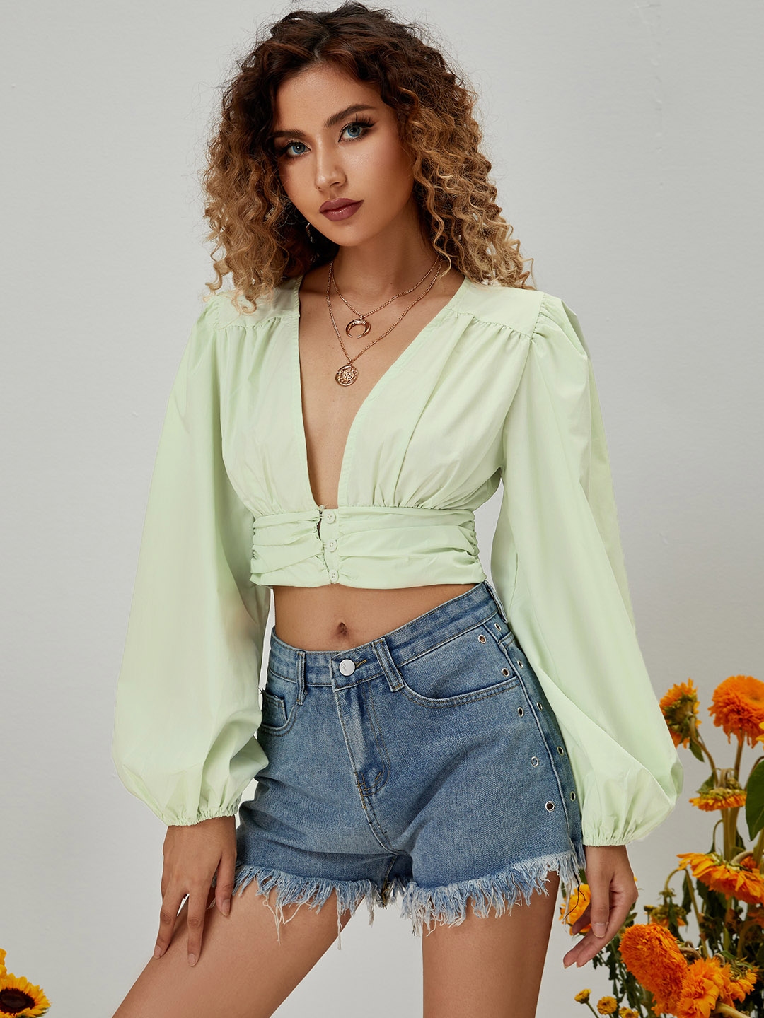 Buy Urbanic Green Plunge Neck Styled Back Crop Top Tops For Women