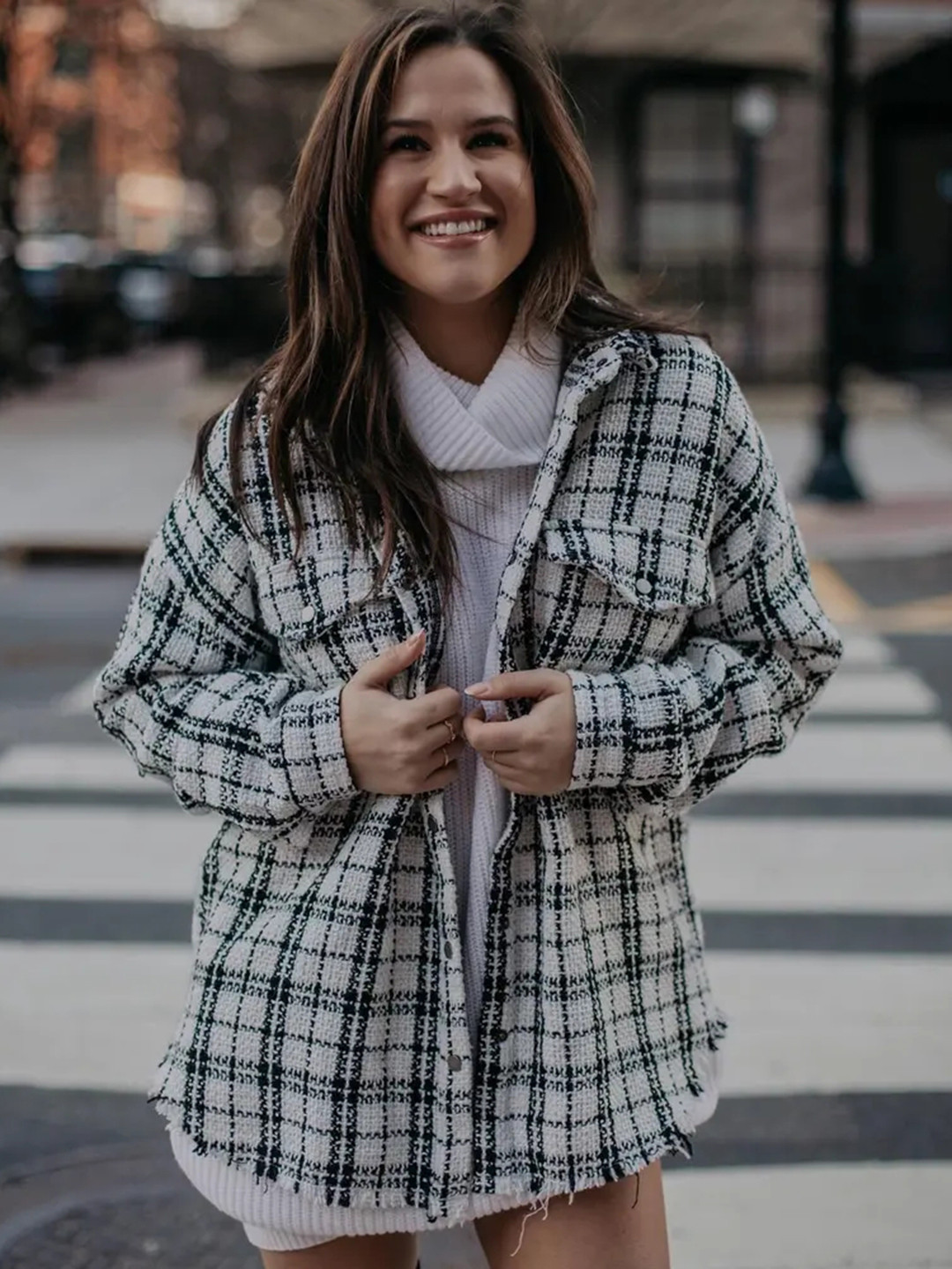 Buy URBANIC Women White & Black Checked Shacket - Jackets for Women ...