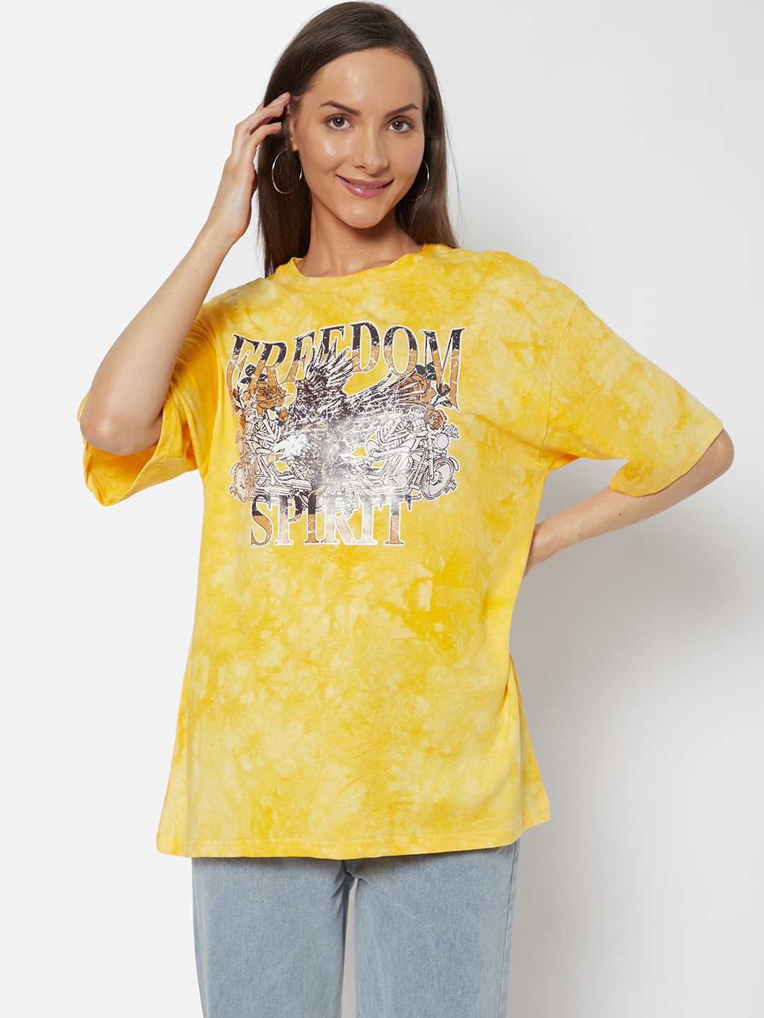 Buy Urbanic Women Mustard Yellow And Black Graphic Printed Drop Shoulder