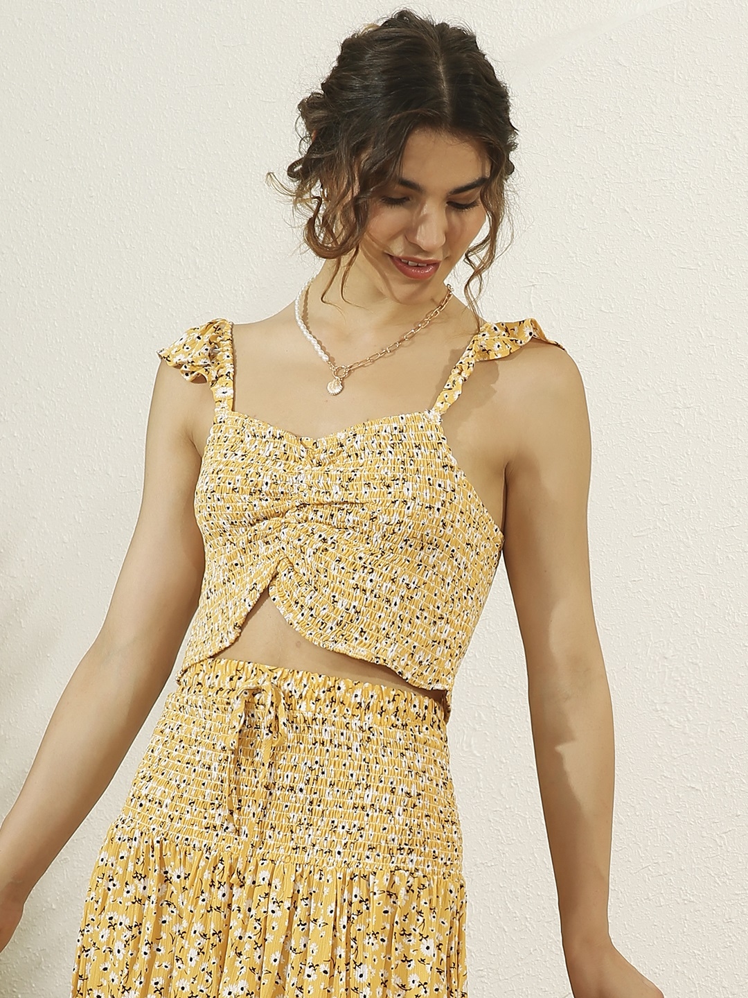 Buy Urbanic Mustard Yellow And Black Disty Print Floral Print Smocked Co