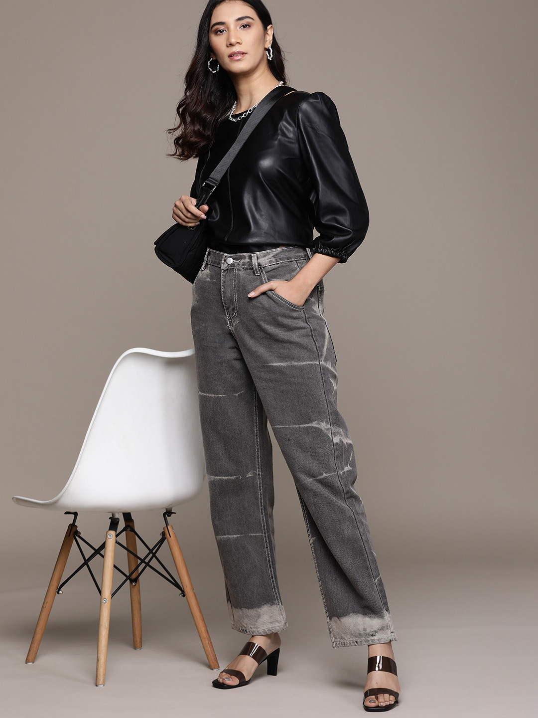 Buy URBANIC Women Charcoal Wide Leg High Rise Light Fade Ombre Jeans ...