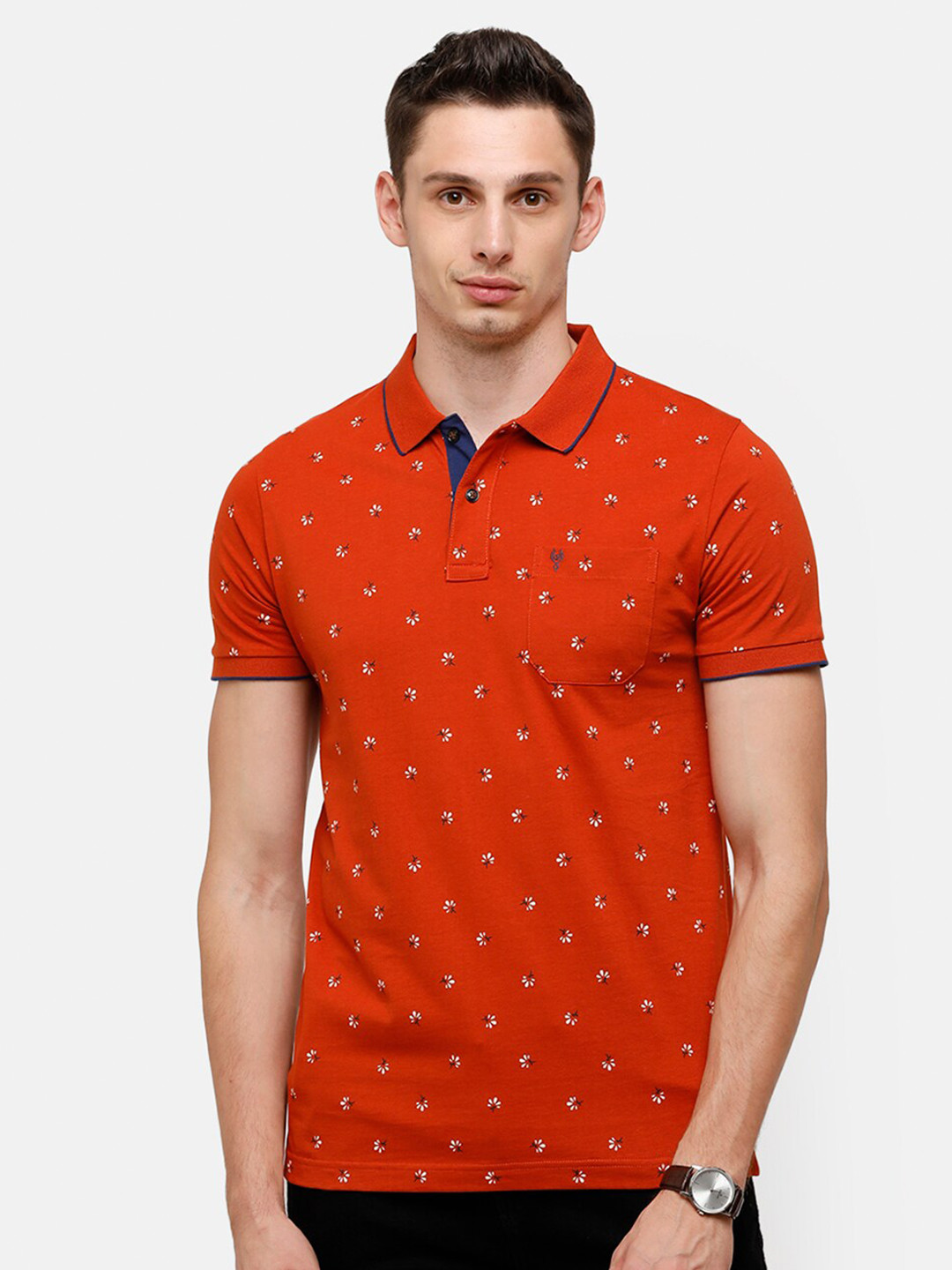 Buy Classic Polo Men Orange Printed Polo Collar Slim Fit T Shirt ...