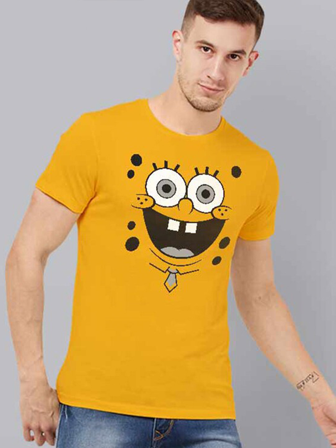 Buy Free Authority Sponge Bob Men Yellow Printed T Shirt - Tshirts for ...