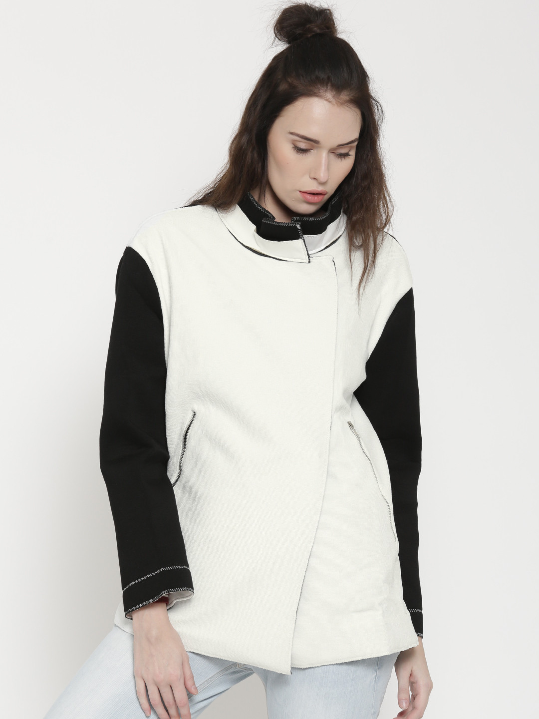 Buy FOREVER 21 White & Black Colourblocked Jacket - Jackets for Women ...