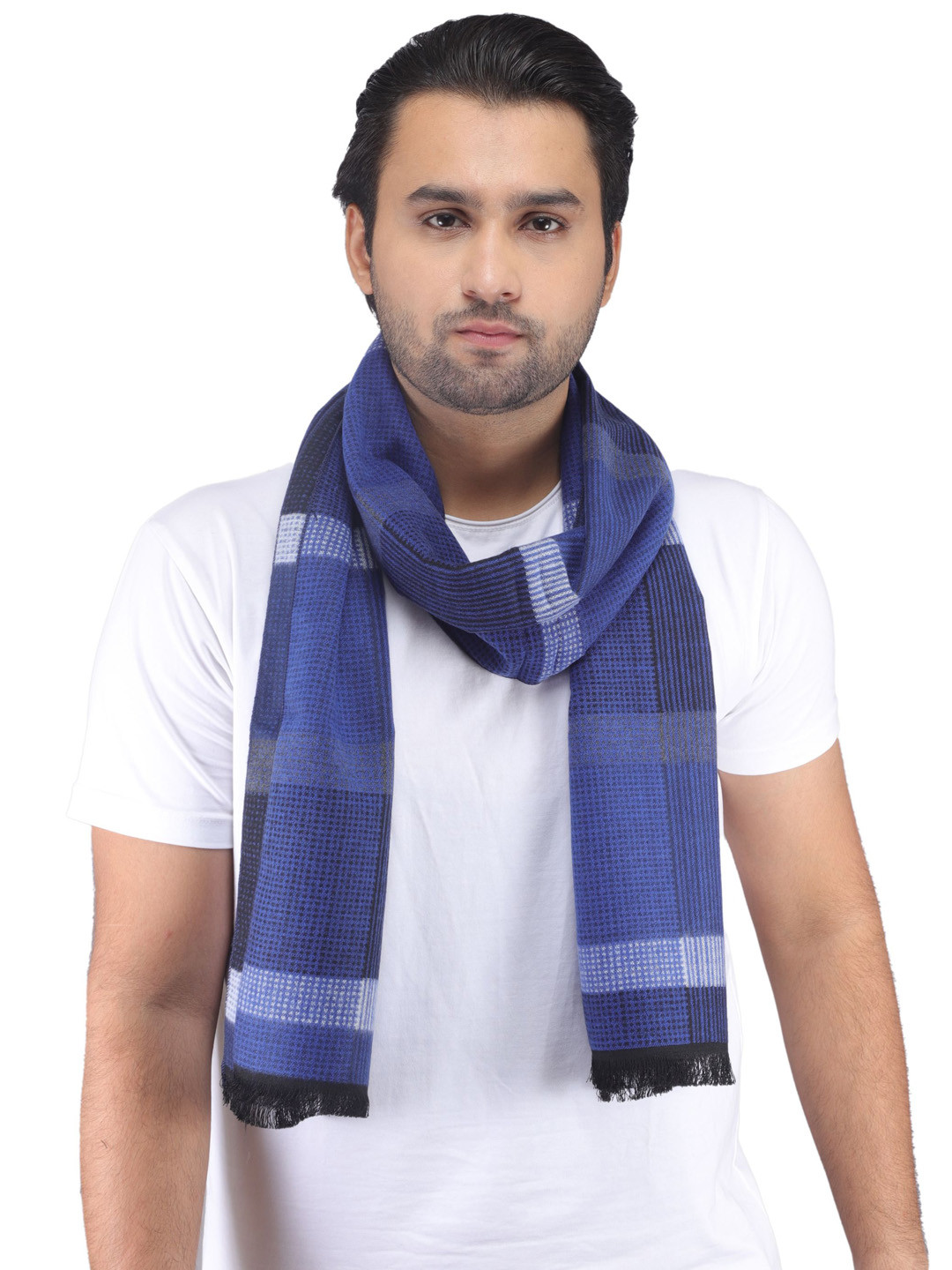 Buy ELLIS Men Blue & White Merino Wool Checked Reversible Muffler ...