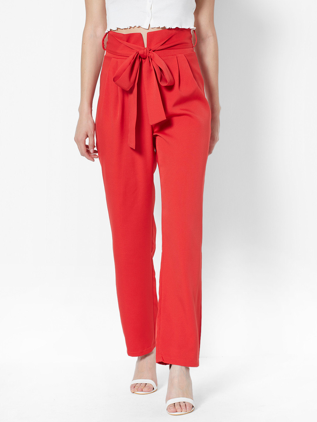 Buy URBANIC Women Red Solid Straight Fit High Rise Pleated Trousers ...