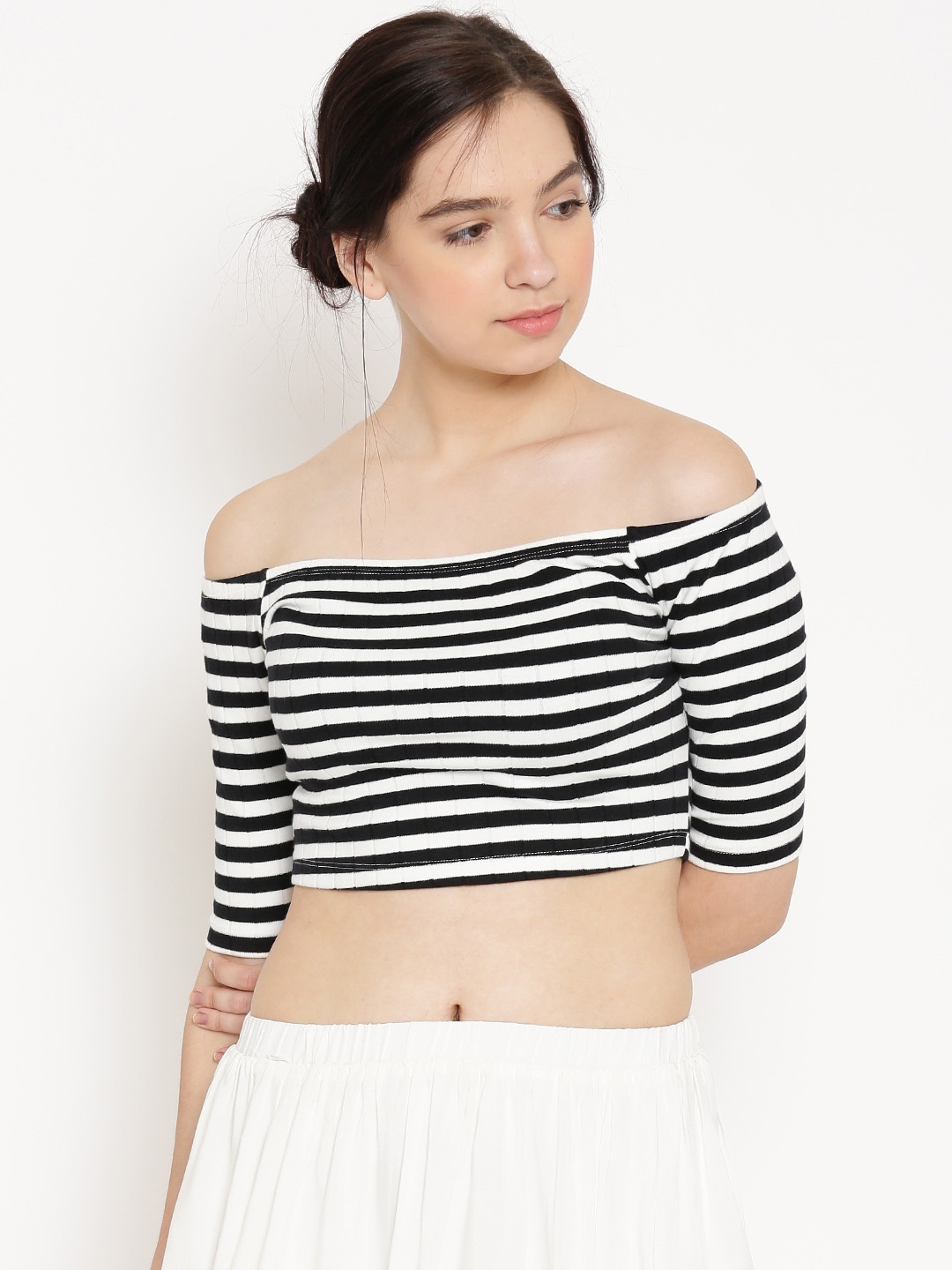 Buy Forever 21 Women Black And White Striped Off Shoulder Crop Top Tops