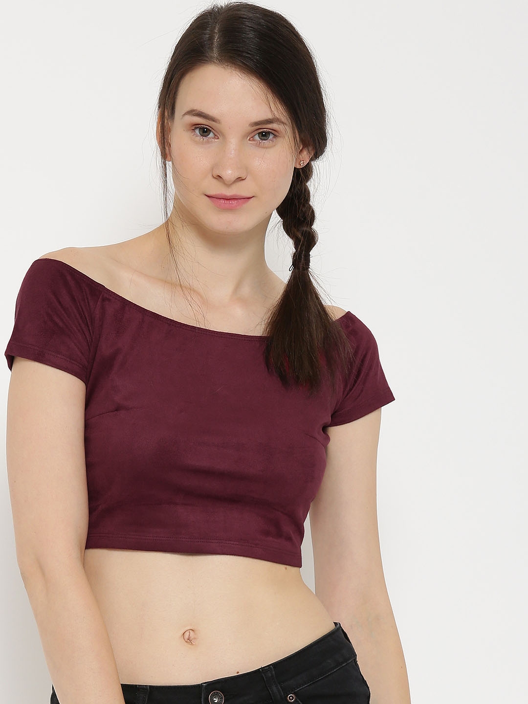 Buy Forever 21 Women Burgundy Solid Off Shoulder Crop Top Tops For
