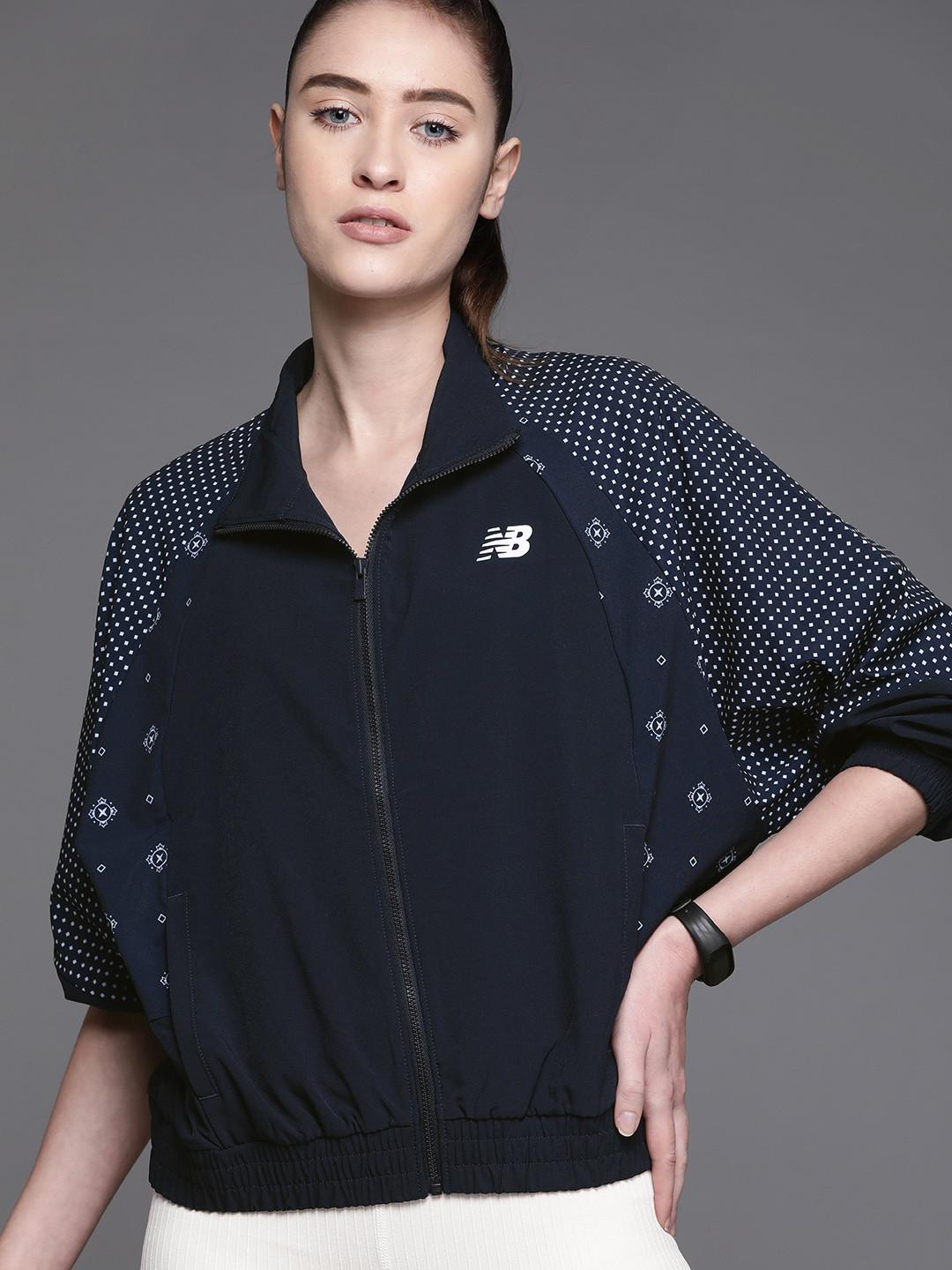 Buy New Balance Women Navy Blue Printed Sporty Jacket - Jackets for ...