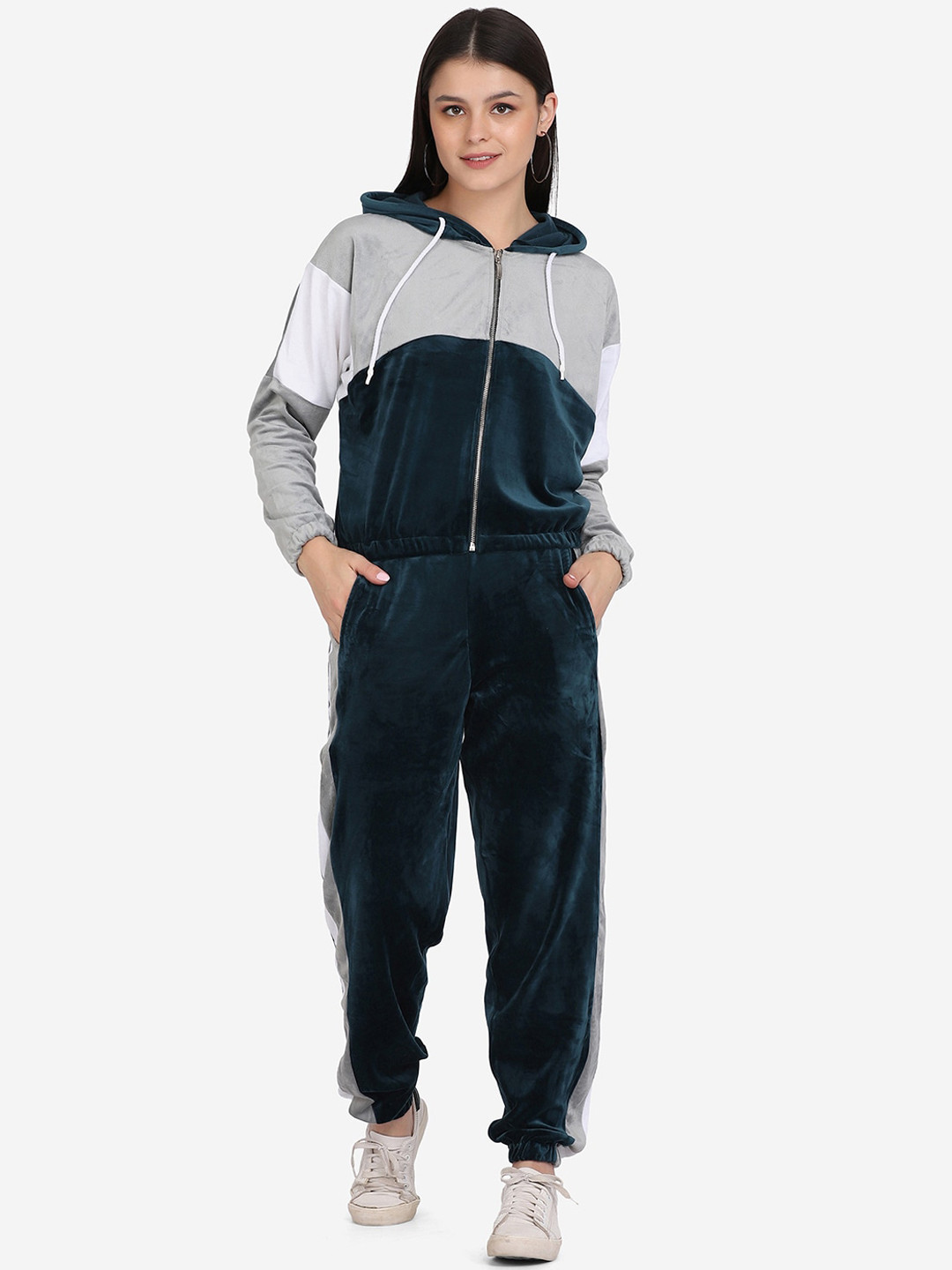 Buy Aesthetic Bodies Women Green & Grey Colorblocked Iconic Tracksuit ...