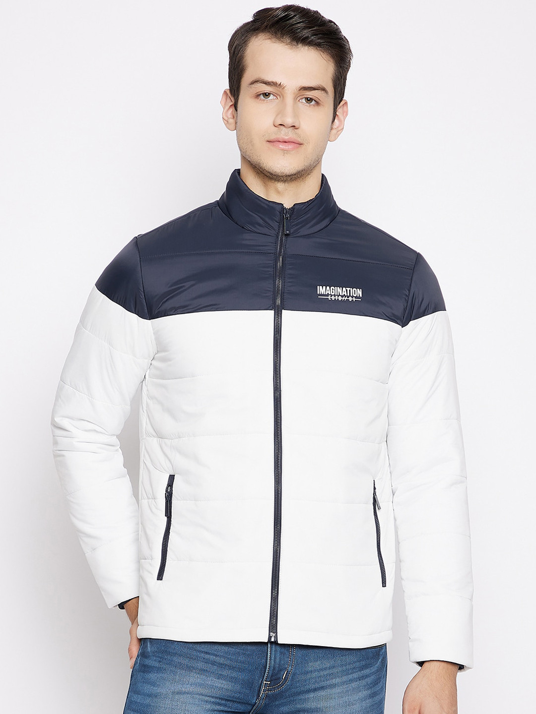Buy Octave Men White & Navy Blue Colourblocked Puffer Jacket - Jackets ...