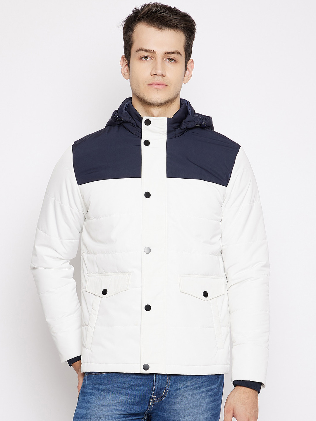 Buy Octave Men White & Navy Blue Colourblocked Padded Jacket - Jackets ...
