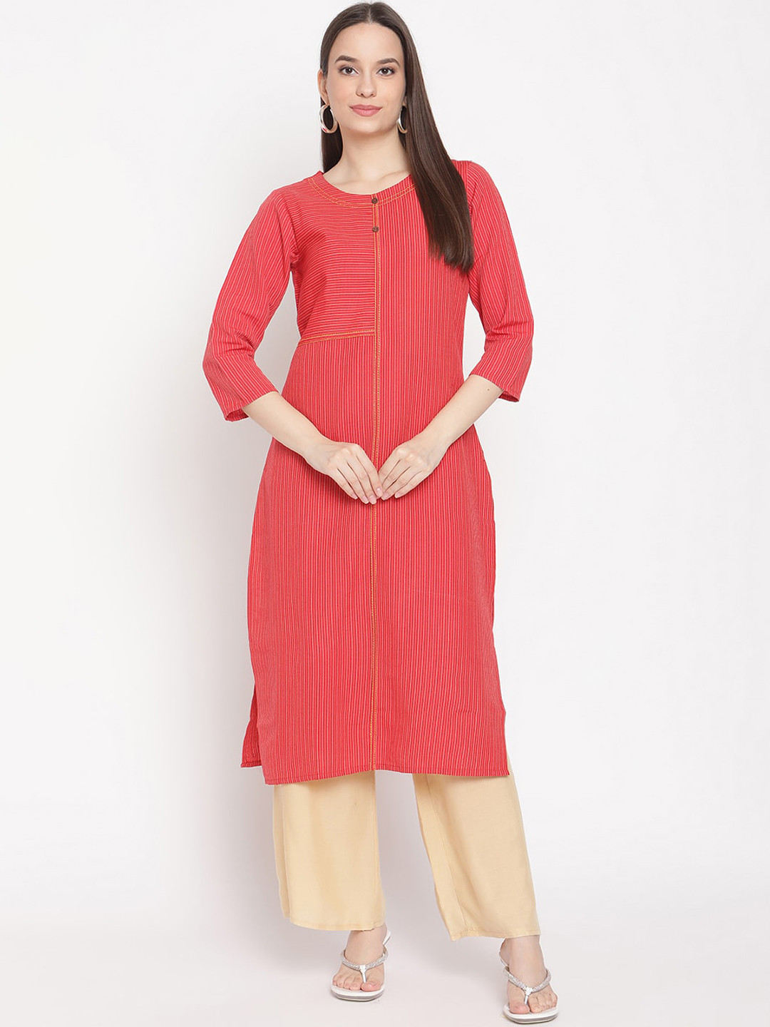 Buy Be Indi Women Round Neck Striped Straight Side Slits Regular Kurta ...
