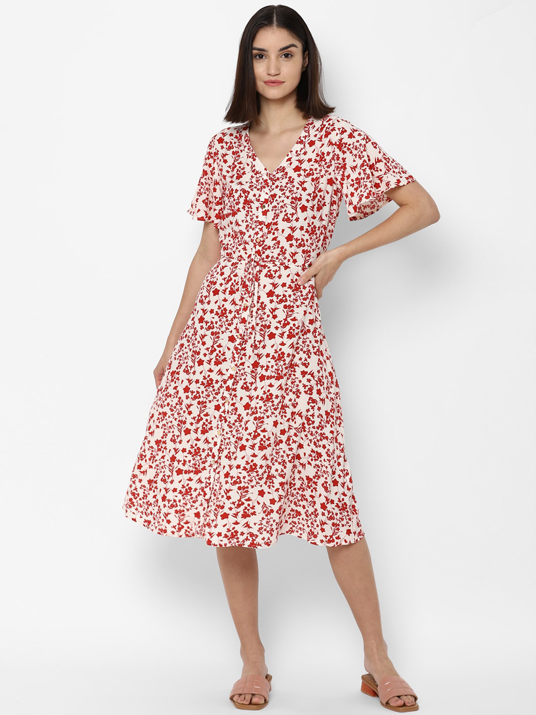 Buy Allen Solly Woman Cream Coloured & Red Floral Printed Midi Dress ...