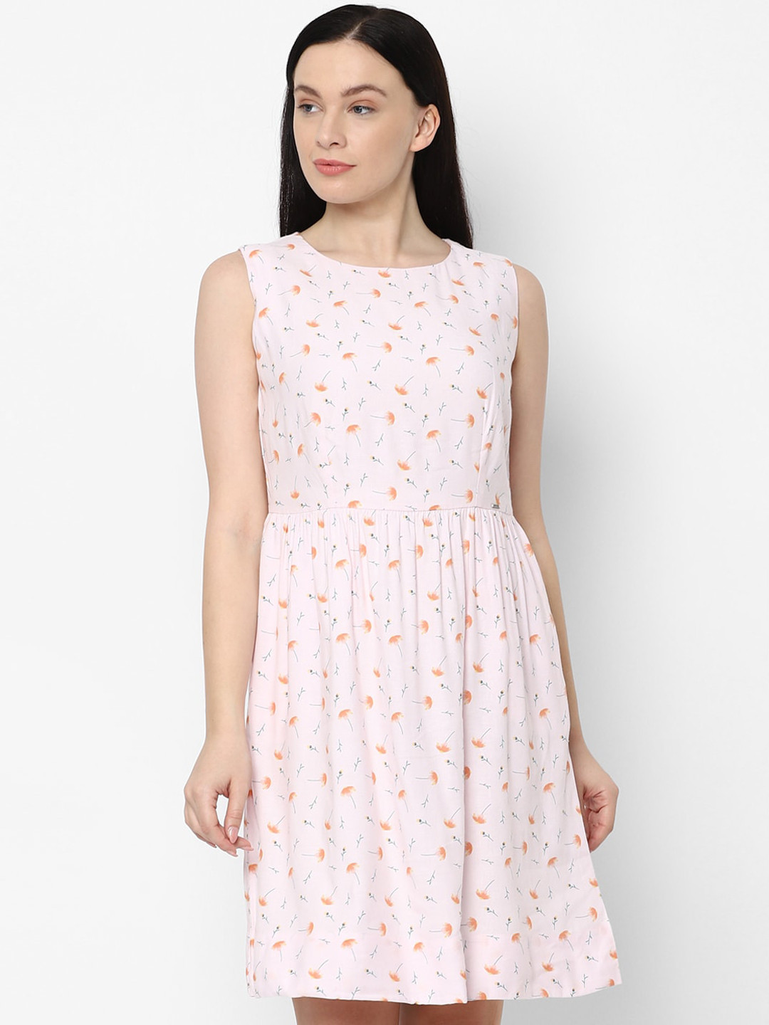 Buy Allen Solly Woman Pink Floral Printed Linen Fit & Flare Dress ...