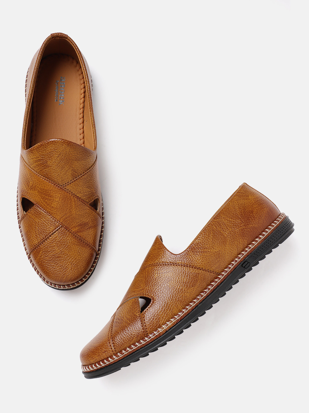 Buy Anouk Men Tan Brown Textured Slip Ons With Laser Cut Detail ...