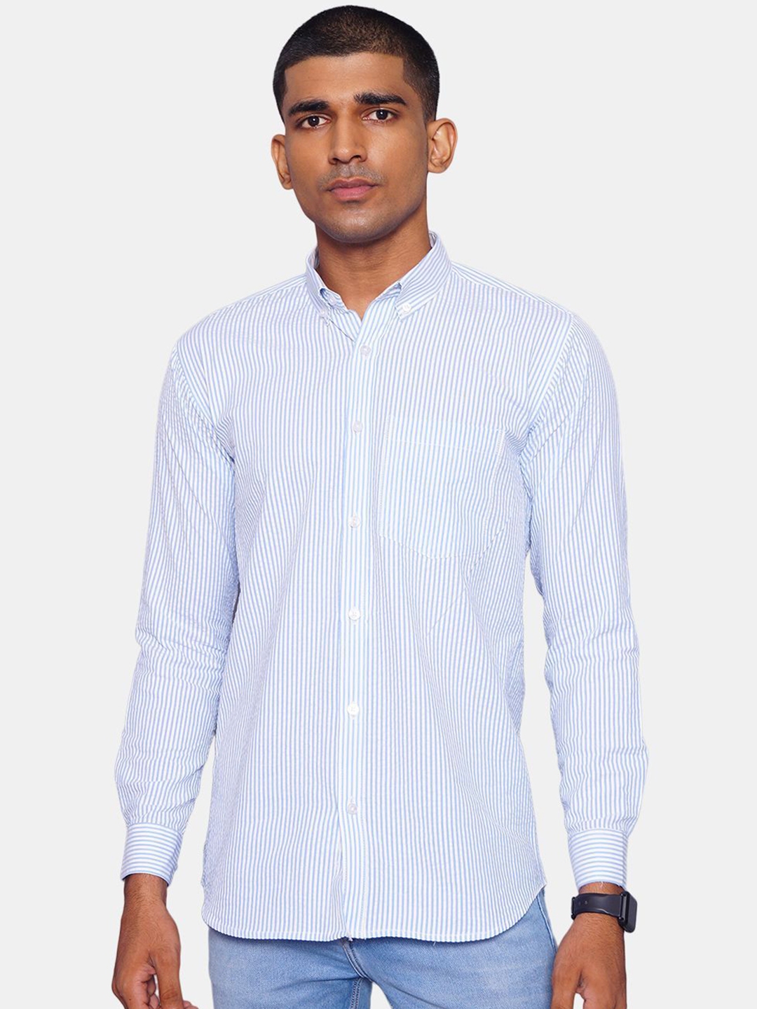 Buy Wintage Men Blue And White Opaque Striped Pure Cotton Casual Shirt