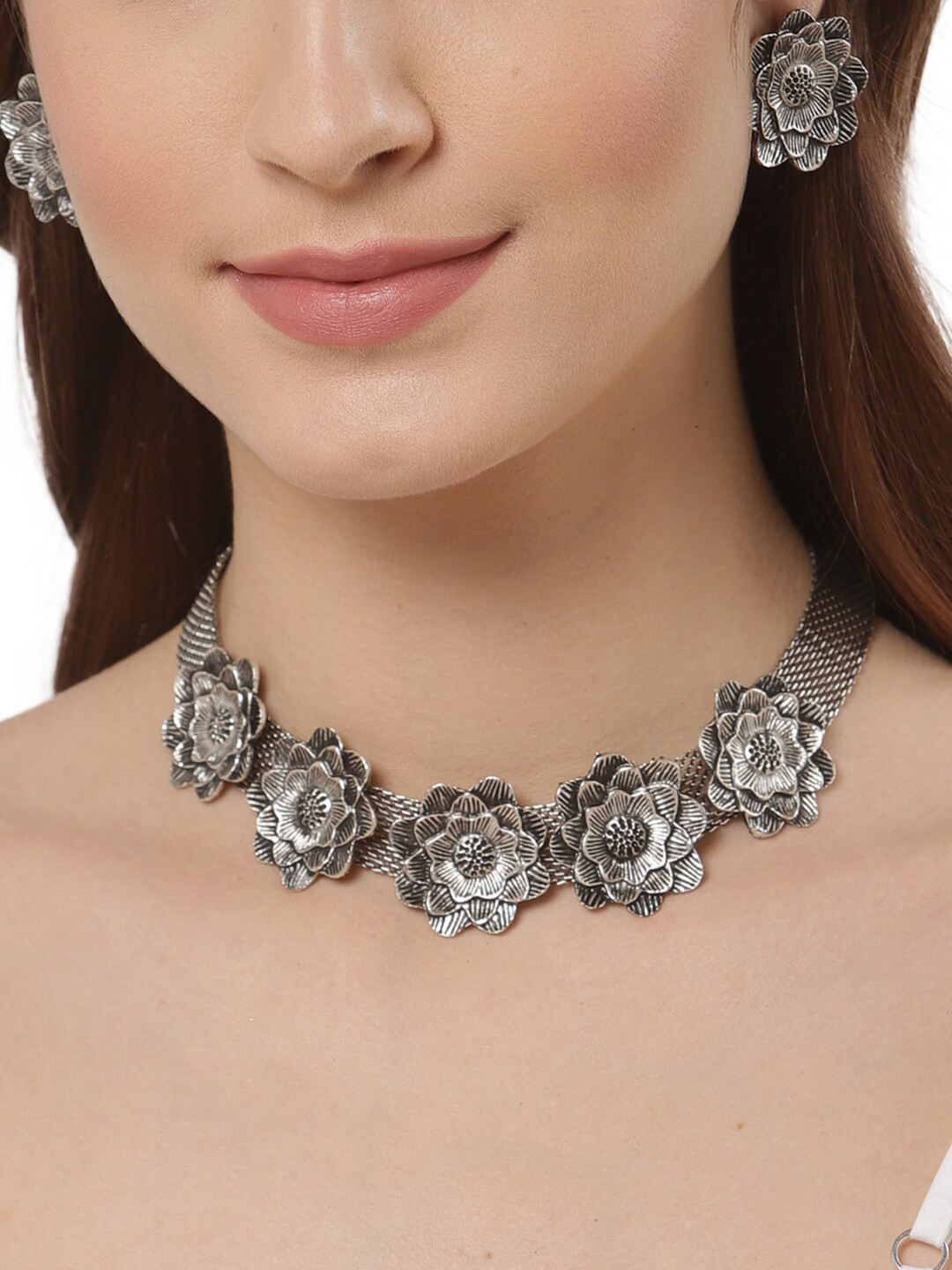 Buy Shining Diva Silver Plated Oxidised Floral Jewellery Set ...