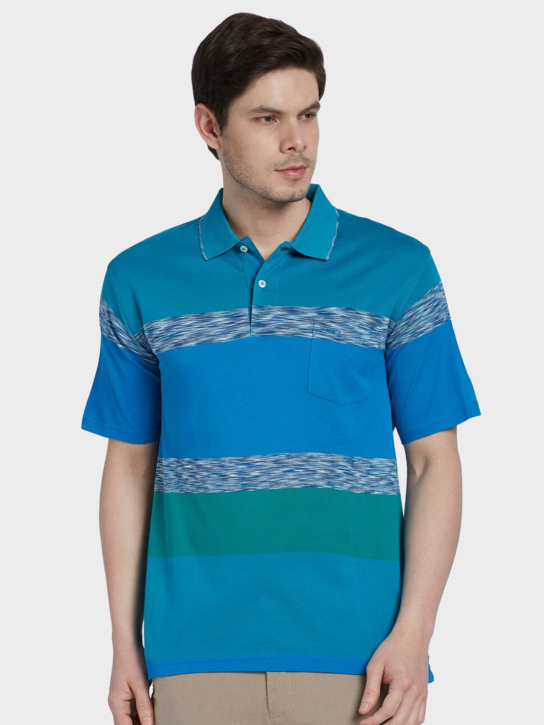Buy ColorPlus Men Blue & Turquoise Blue Striped Polo Collar Applique T ...