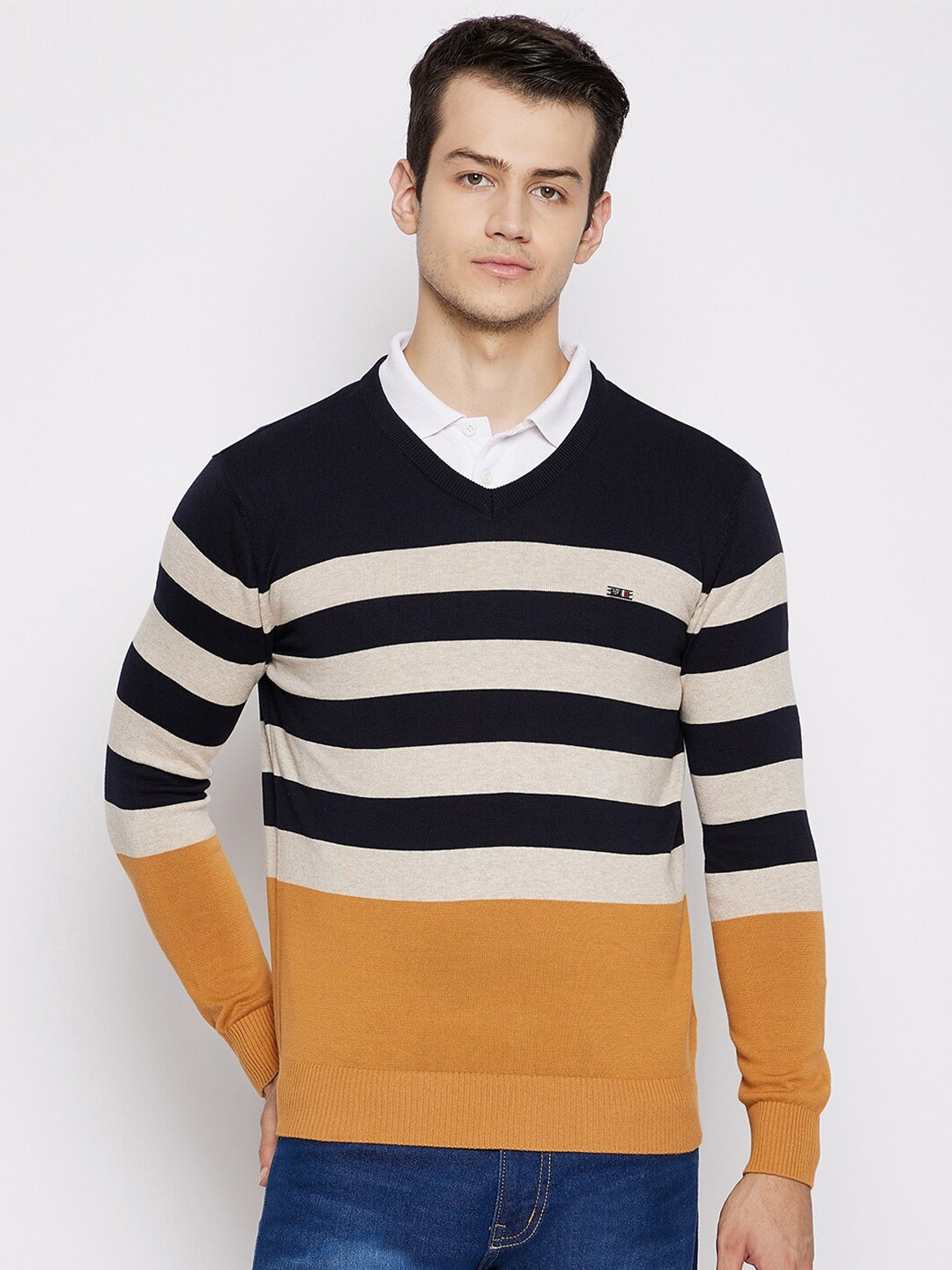 Buy Octave Men Mustard & Cream Coloured Striped Pullover - Sweaters for ...