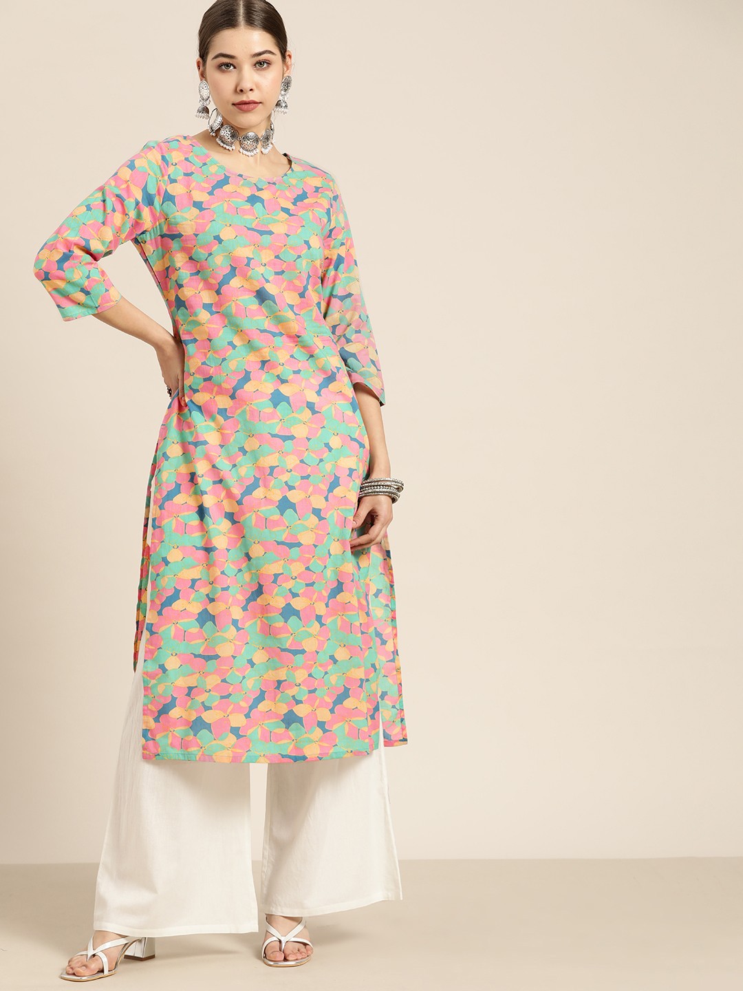 Buy Moda Rapido Women Pink And Blue Floral Printed Pure Cotton Kurta