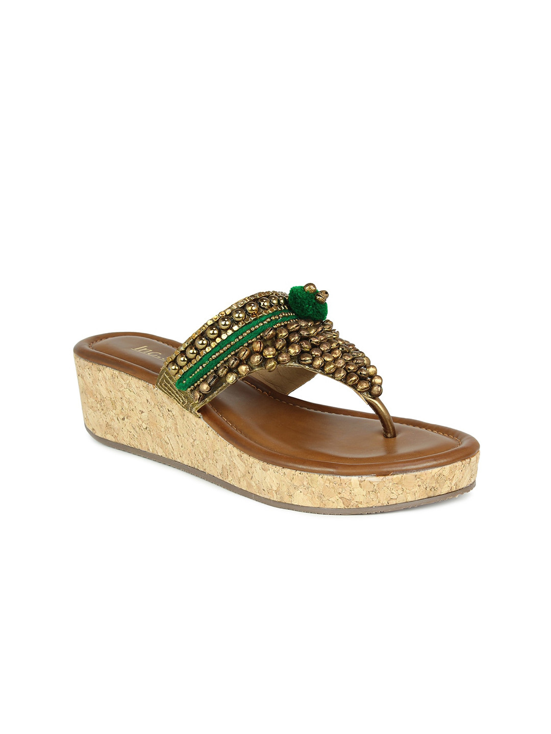 Buy Inc 5 Green & Gold Embellished Ethnic Wedge Sandals - Heels for ...