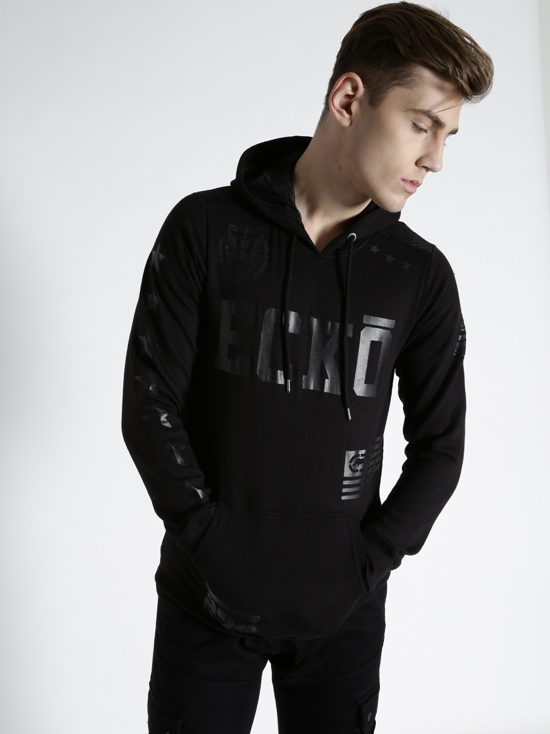 Buy Ecko Unltd Men Black Hooded Sweatshirt - Sweatshirts for Men 1588901 | Myntra