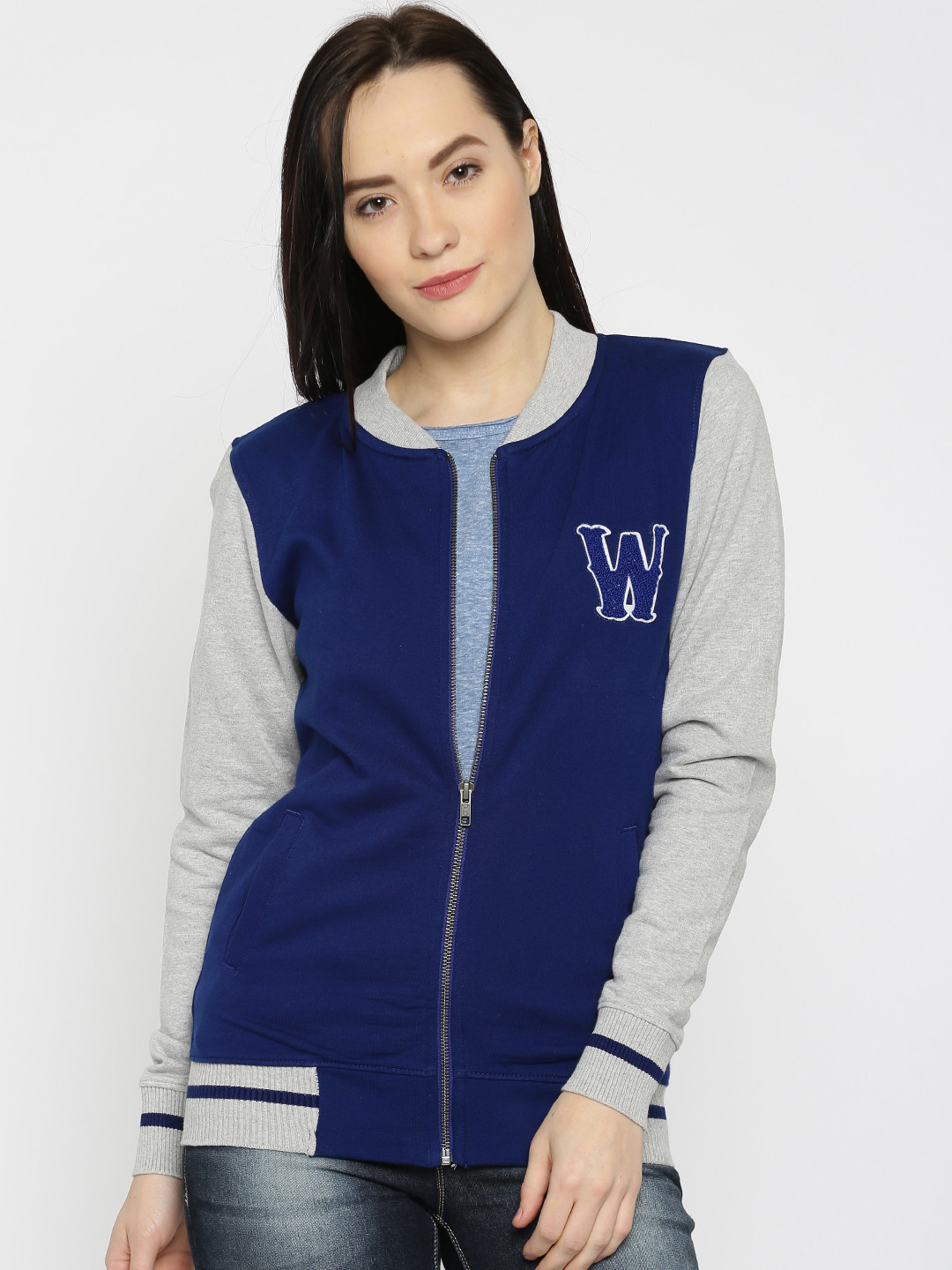 Buy Wrangler Blue & Grey Melange Bomber Jacket - Jackets for Women ...