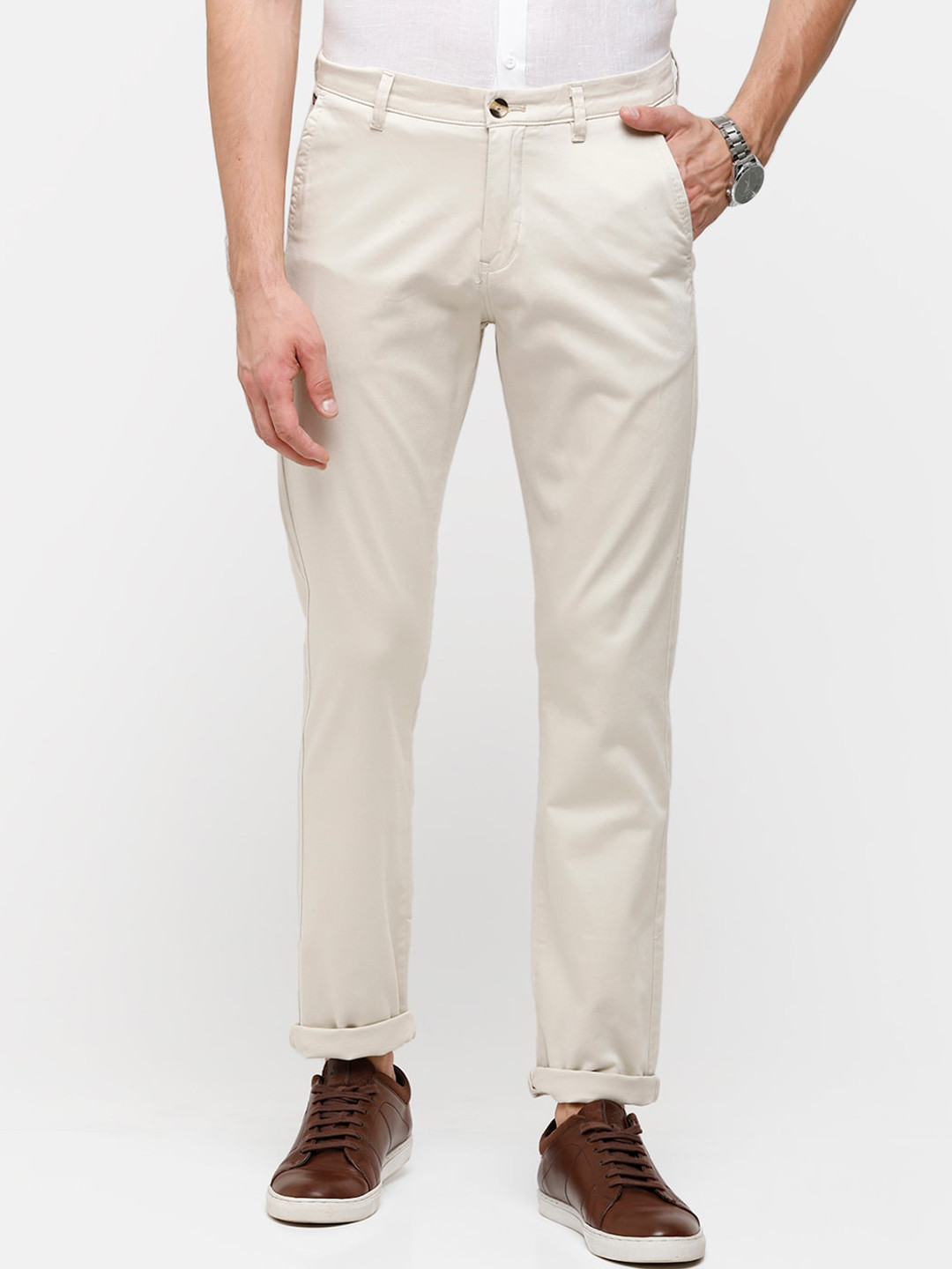Buy Double Two Men Cream Coloured Slim Fit Chinos Trousers - Trousers ...