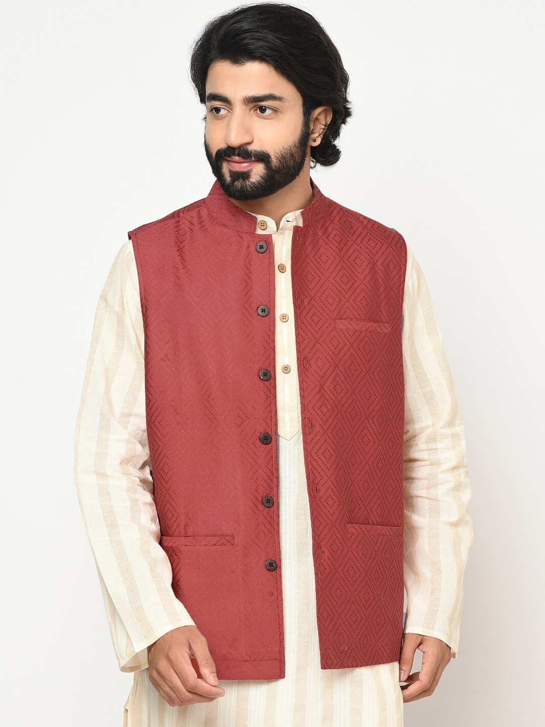 Buy Fabindia Men Red Woven Design Nehru Jacket - Nehru Jackets for Men ...