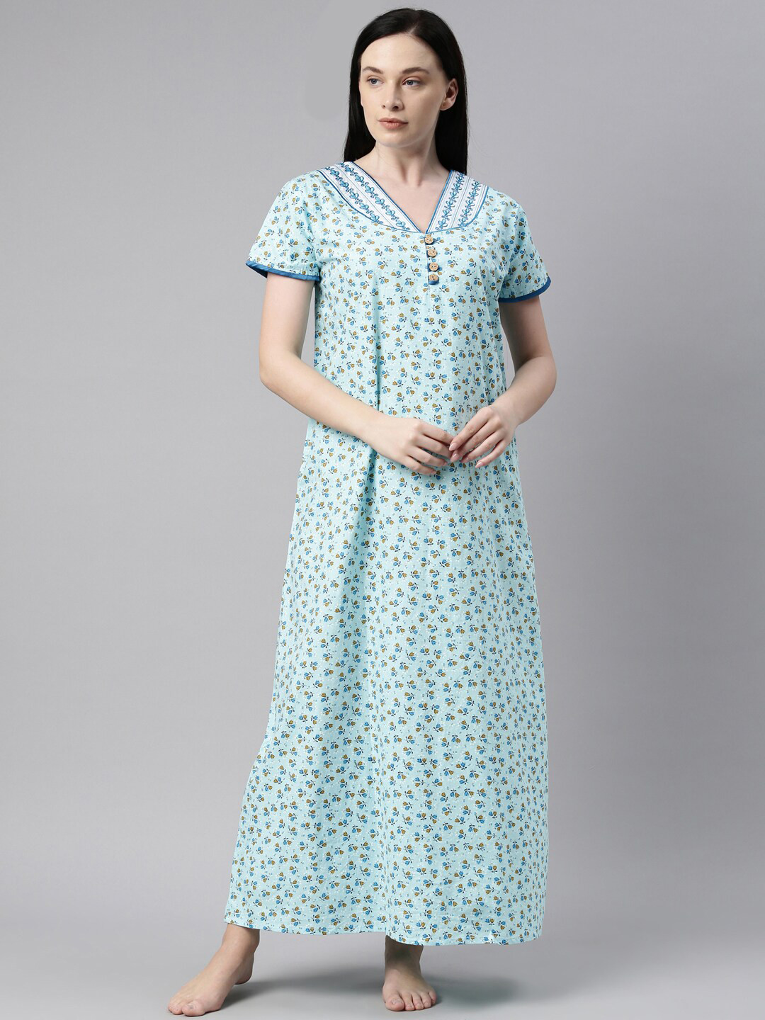 Buy Bailey Sells Blue Printed Maxi Nightdress - Nightdress for Women ...