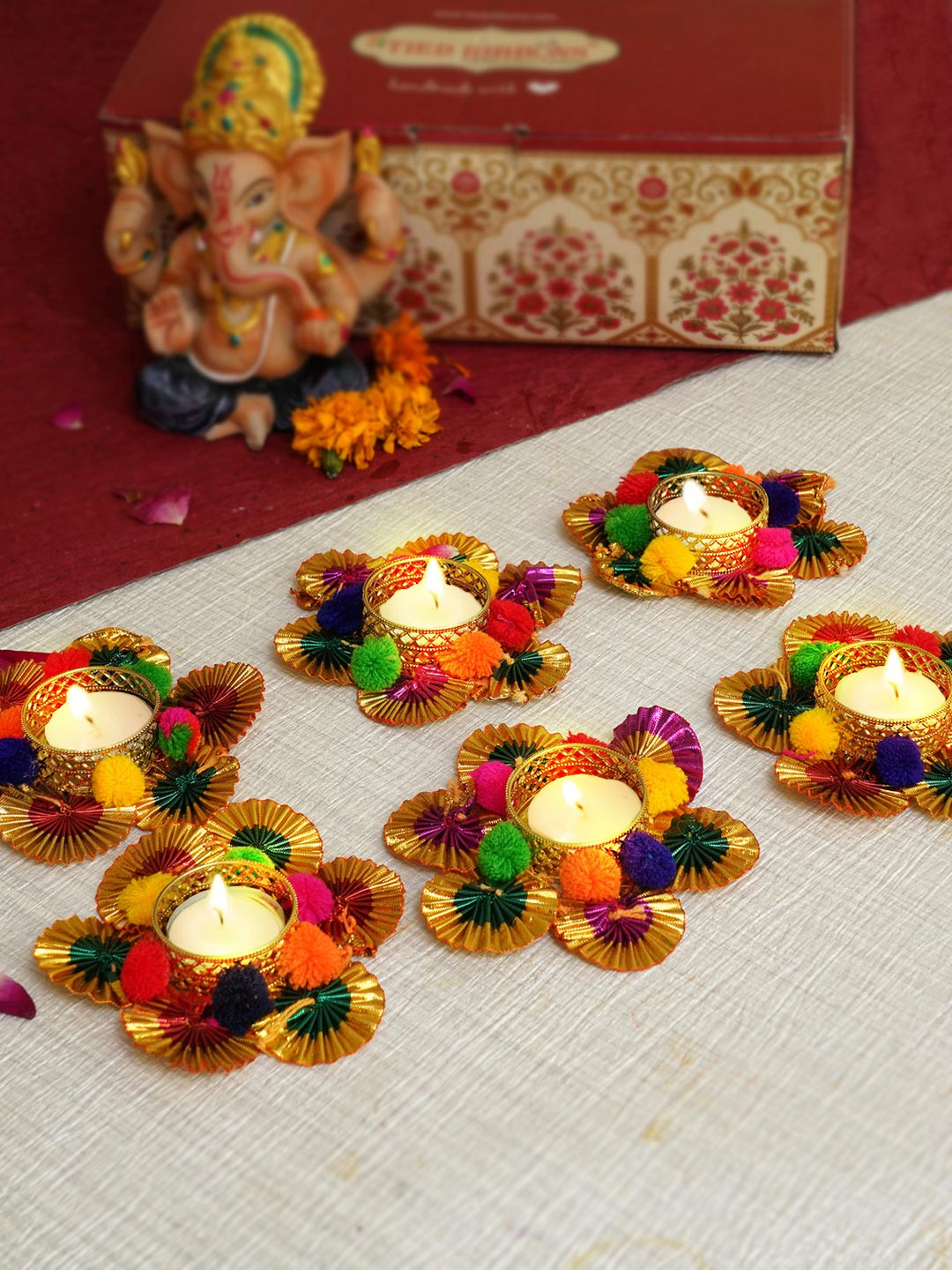 Buy TIED RIBBONS Multi Set Of 6 Diwali Decoartion Flower Tealight ...